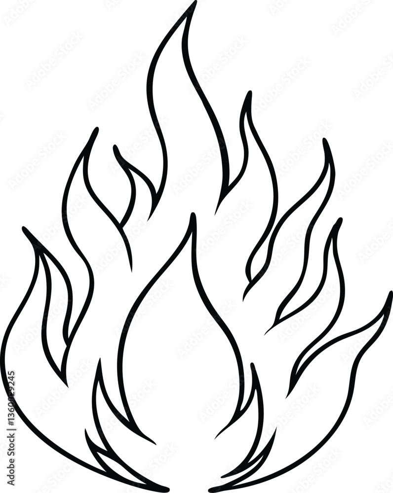 Fire flame outline coloring book page, flame line art vector drawing ...