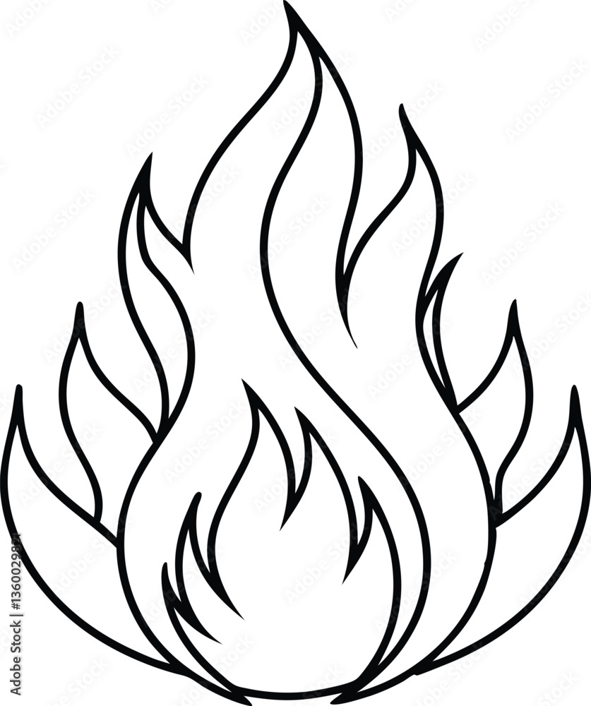 Fire flame outline coloring book page, flame line art vector drawing ...