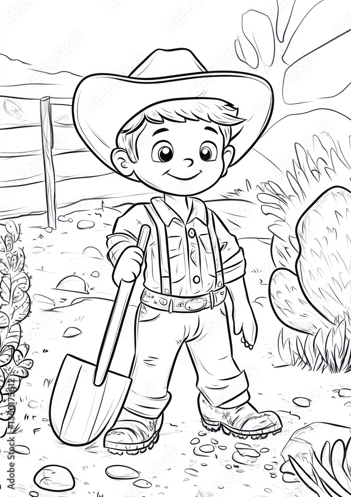 Boy cowboy with shovel on ranch, sunny day, coloring page Stock ...