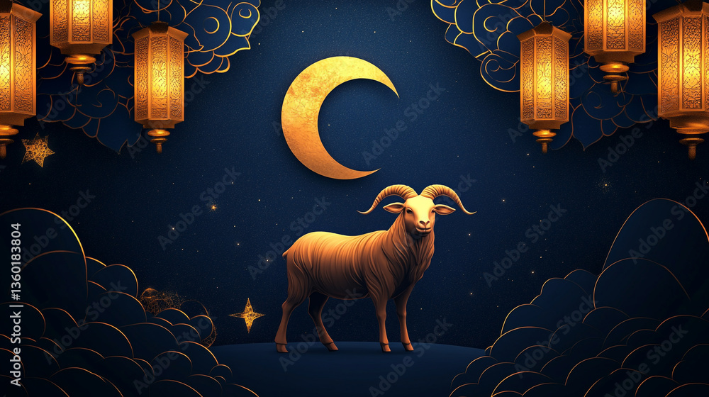 Eid al-Adha Mubarak Golden Ram, Crescent Moon, and Lanterns Night Scene ...