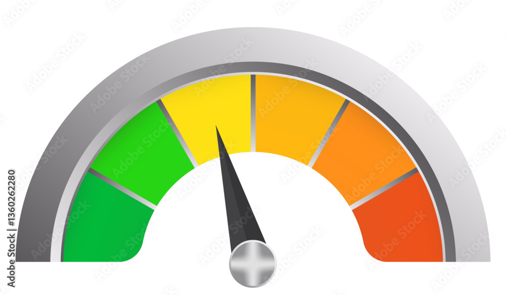 Efficiency gauge set icon. Color scale dial shows performance status ...
