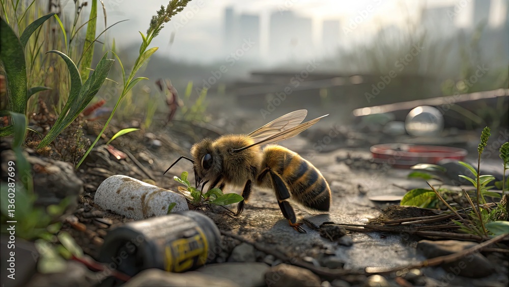 Species Crisis Mitigation. A bee forages on a polluted ground ...