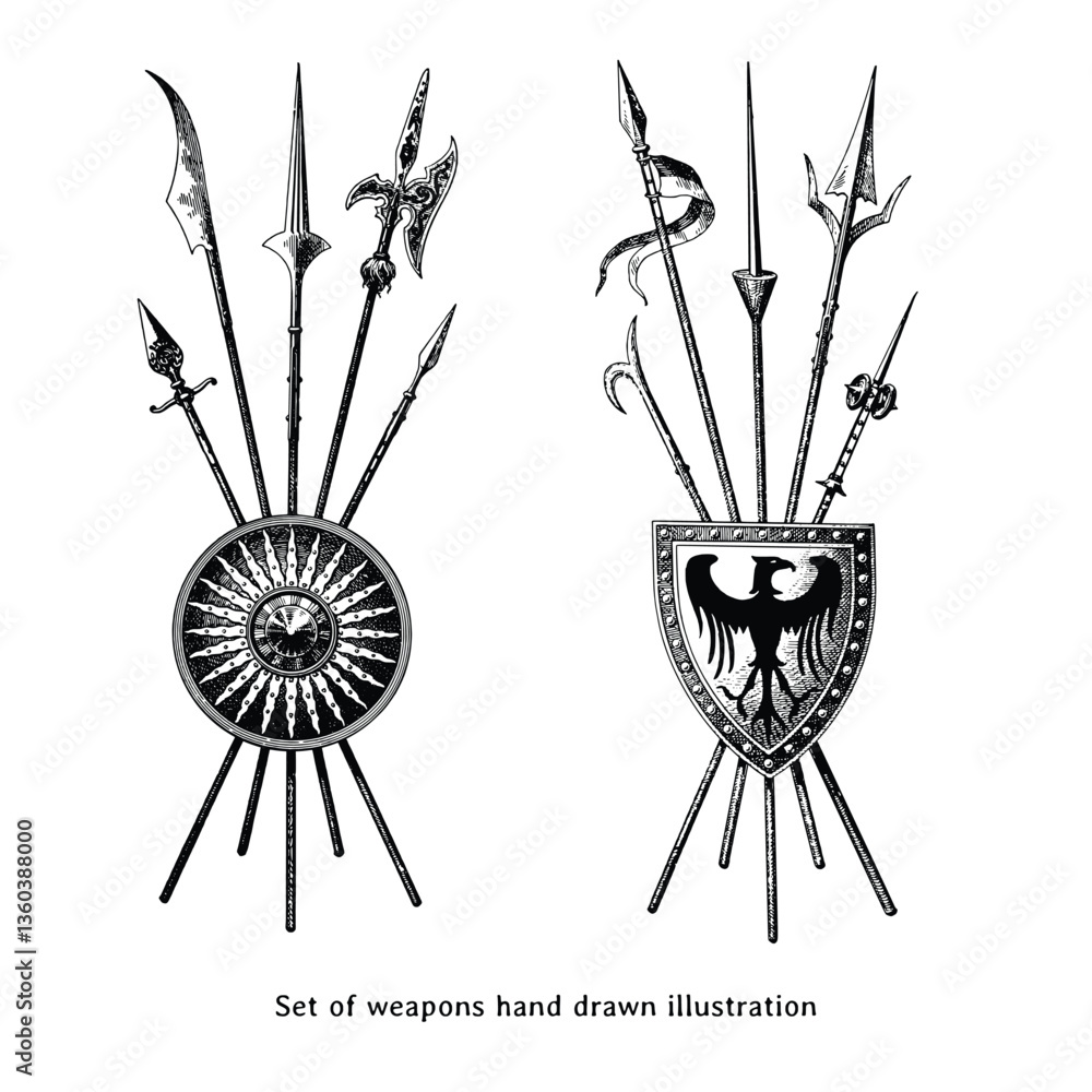 Medieval weapons hand drawn illustration. Set of medieval weapon ...
