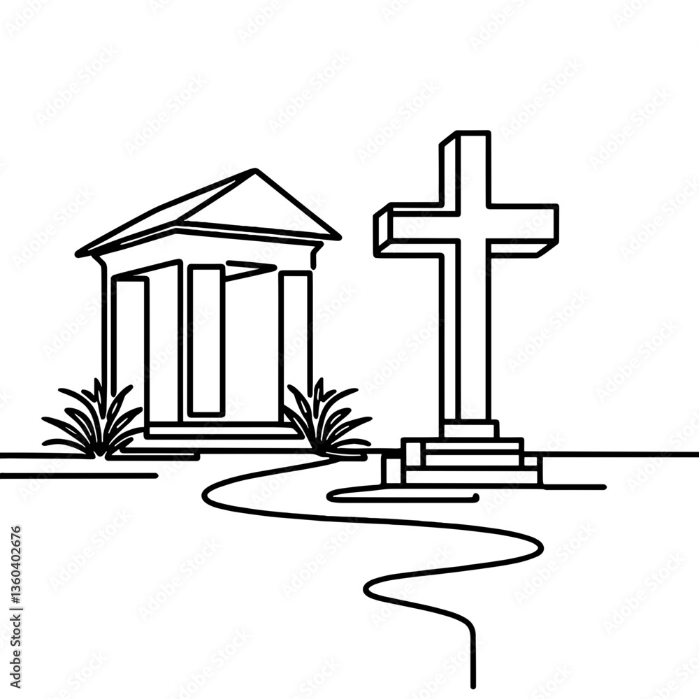 Grave with cross and a burial vault, vector, black line drawing ...