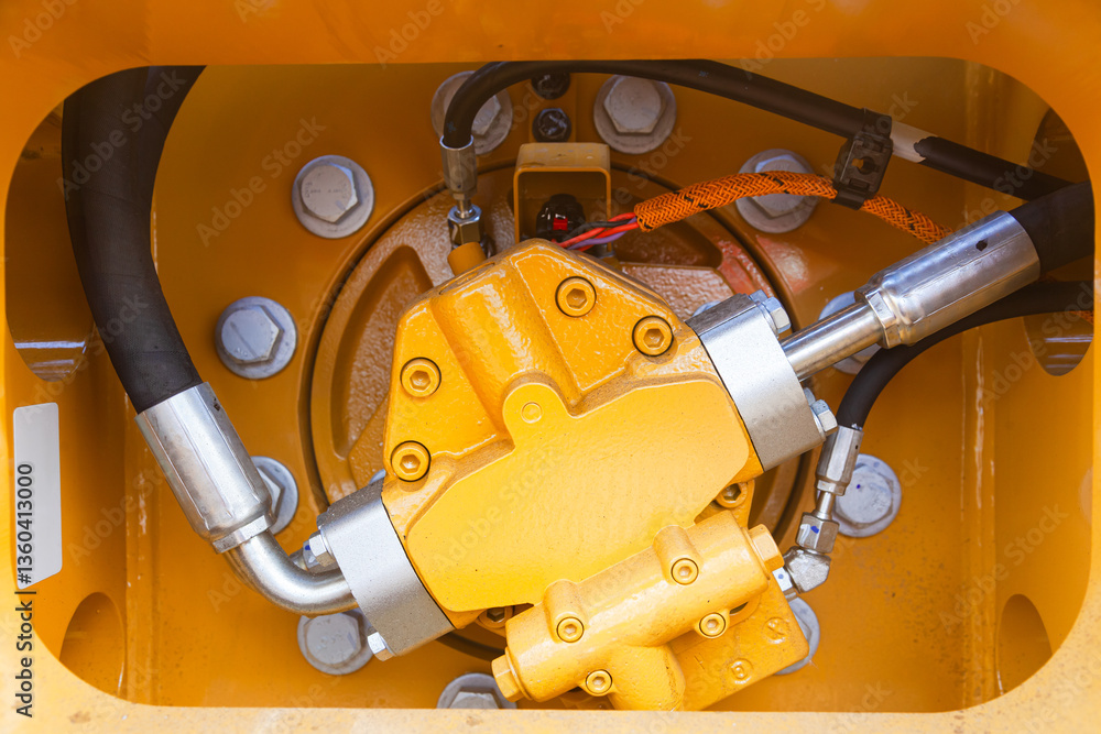 Hydraulic mechanisms of heavy loading equipment, close-up. Stock Photo ...