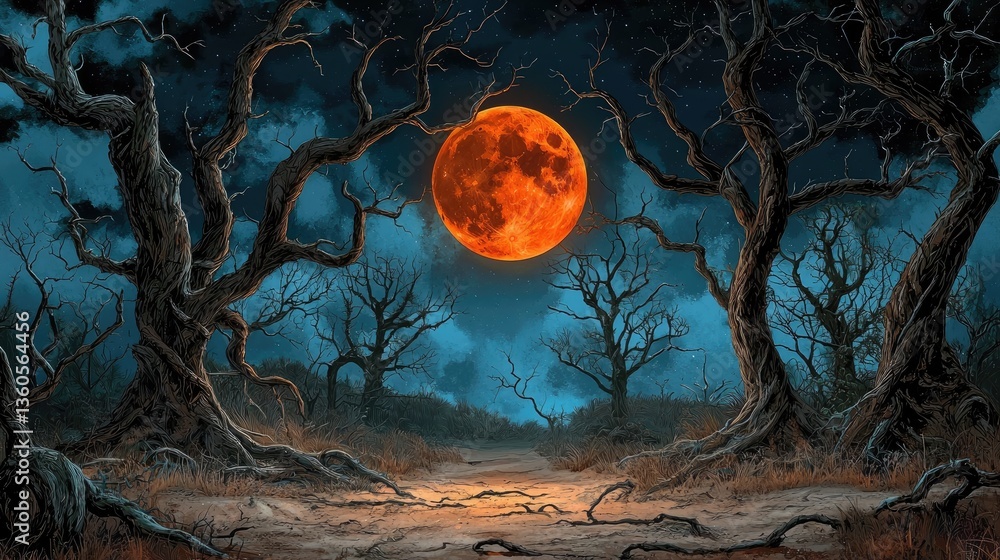 Horror-inspired night scene with an ominous blood moon glowing above ...