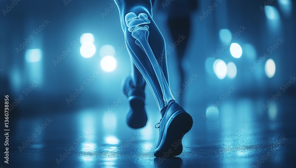 Runner's leg with visible bone structure, captured in motion with a ...