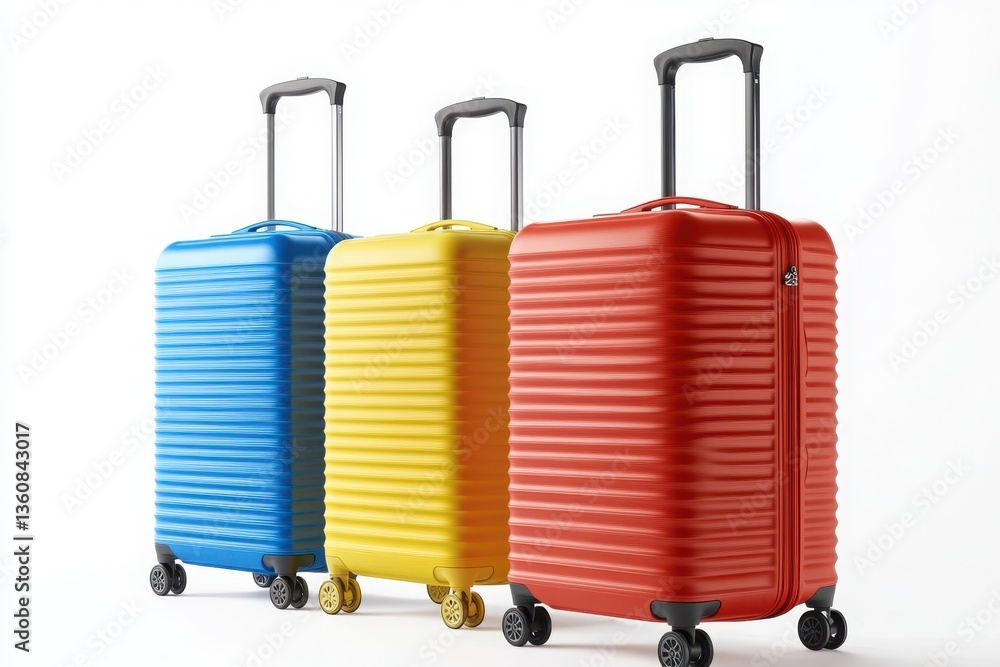 three hard-shell suitcases in vibrant colors- blue, yellow, and red ...