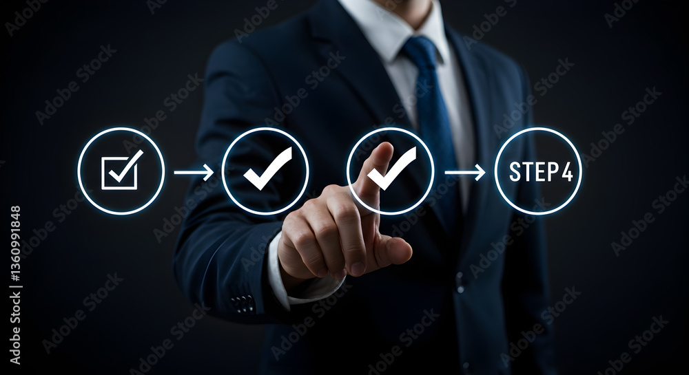 Businessman touching a glowing checkmark in a futuristic step-by-step ...