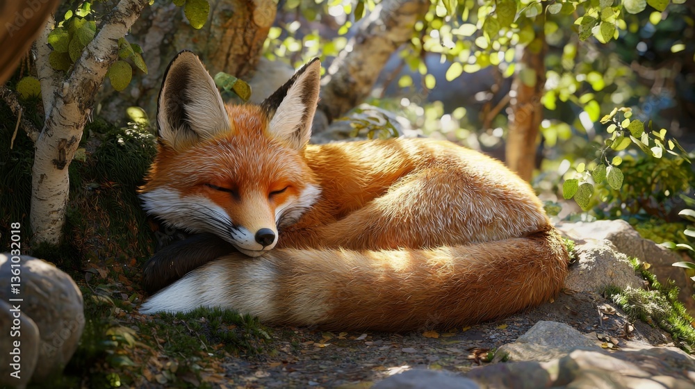 Relaxed Red Fox Sleeping Peacefully Under Sunlight in Forest Clearing ...