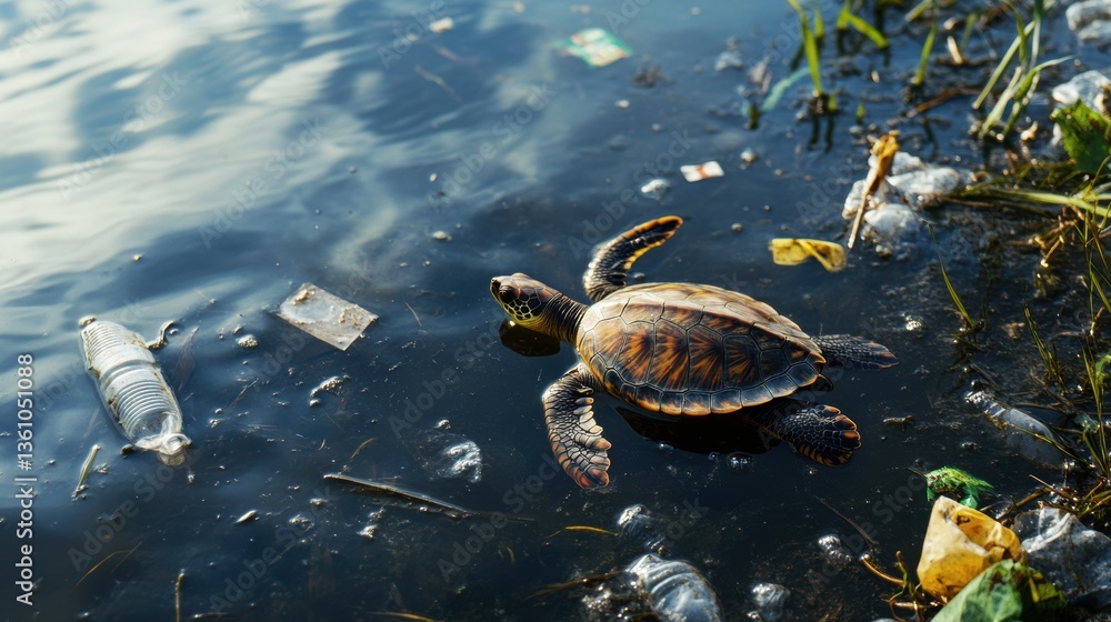 Tortoise live in polluted dirty water with garbage. Human activities ...