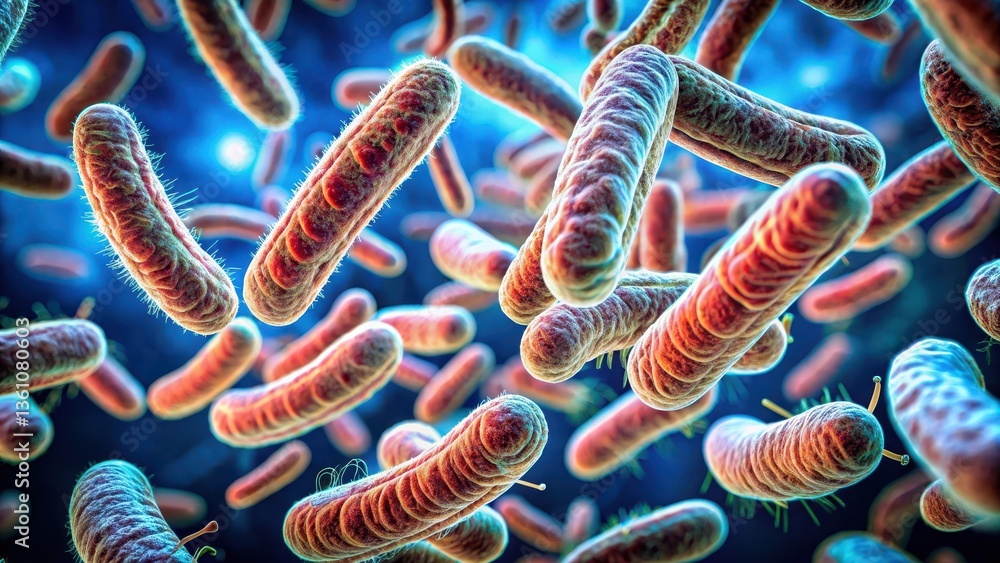 Gram-negative rod-shaped bacteria E coli under a microscope showing ...