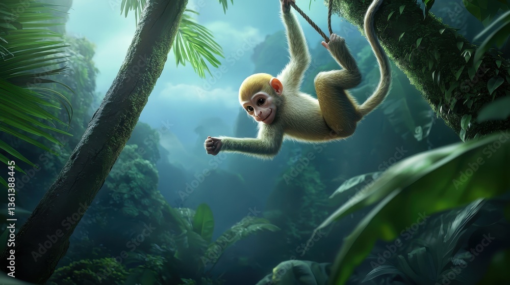 A playful monkey swinging from tree to tree in the dense jungle, its ...