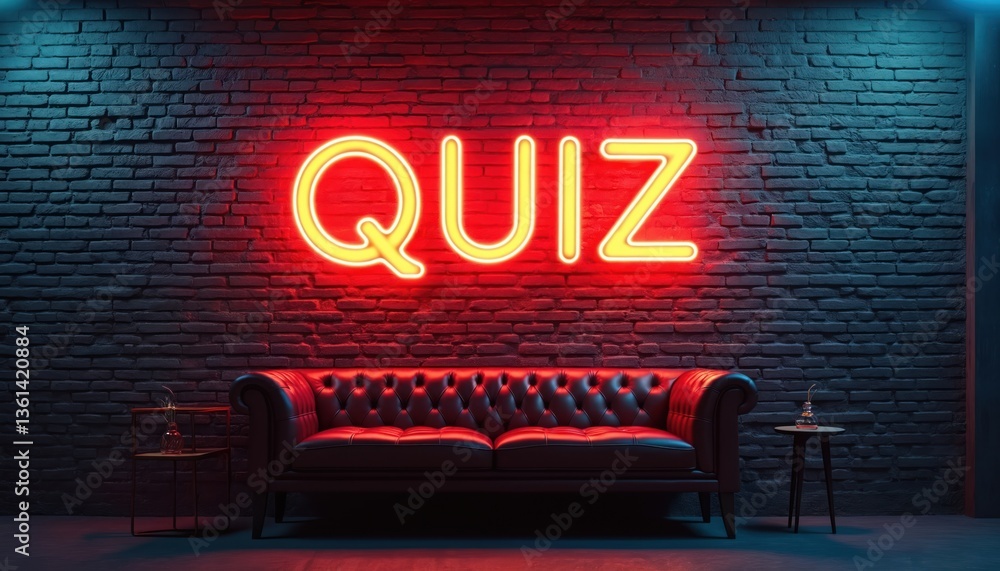 Quiz neon sign illuminates brick wall. Game show text glows brightly ...