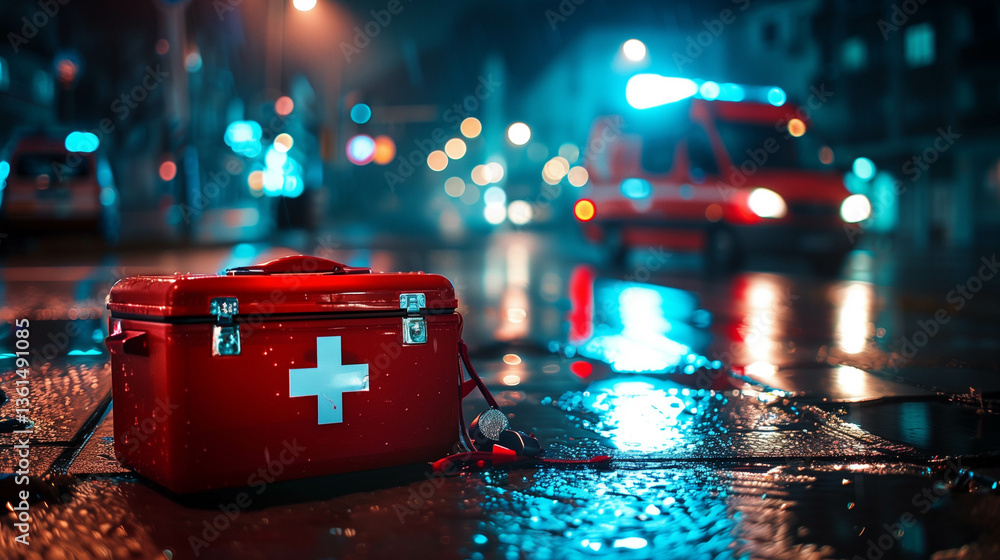 Red first aid kit on wet street at night with emergency ambulance and ...