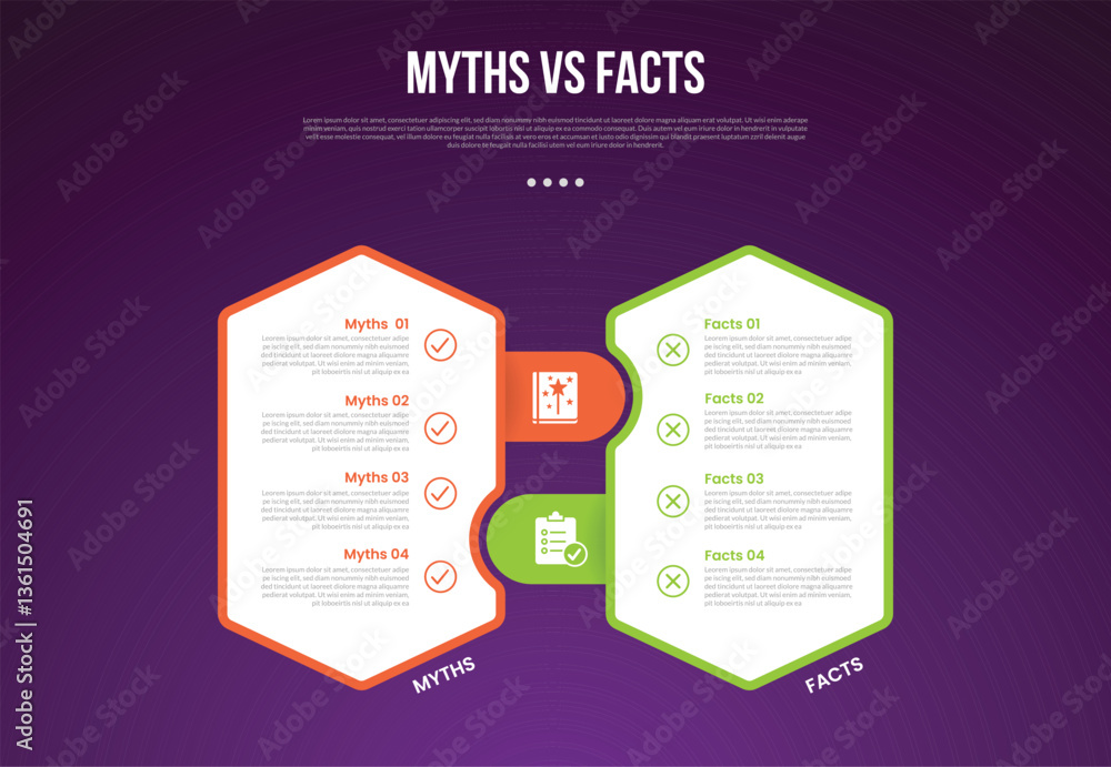 myths vs facts infographic for comparison data with vertical hexagon ...