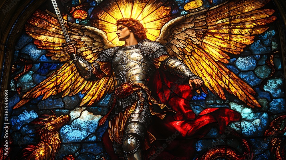 Stained glass art of Saint Michael the Archangel, clad in gleaming ...