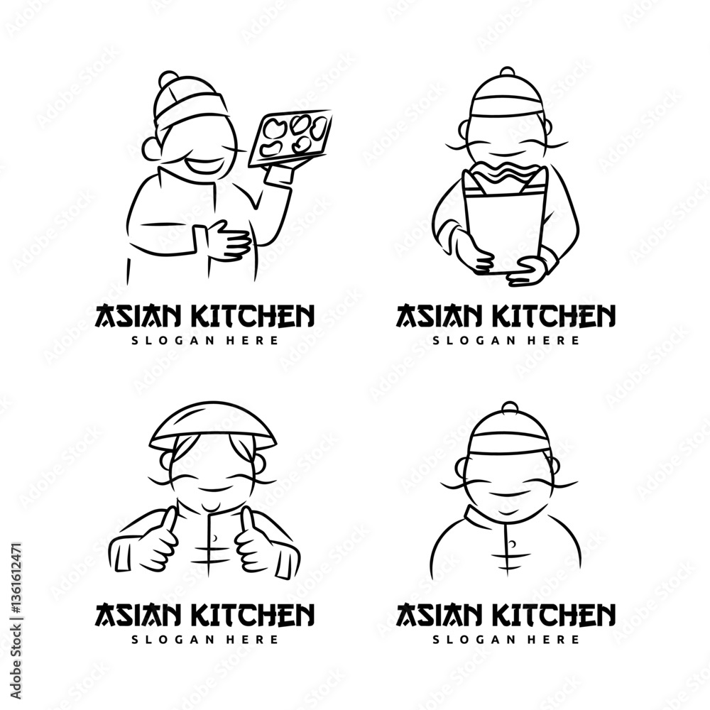 Set of Chinese Chef Logo. Vector illustration of an Asian chef logo ...
