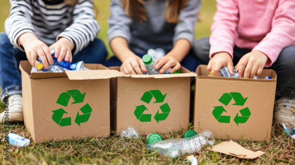 Recycling initiative children sorting plastic waste at a community park ...