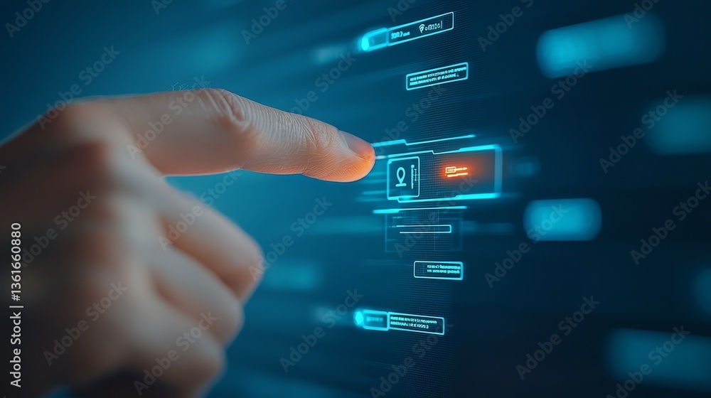 Finger activating touchscreen button, exploring digital interaction ...