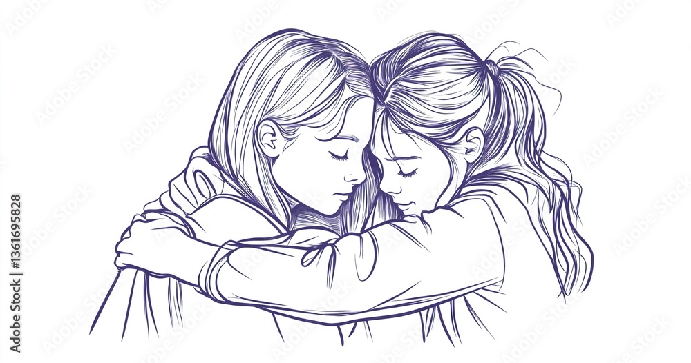continuous line drawing of two teenage girls hugging each other - PNG ...
