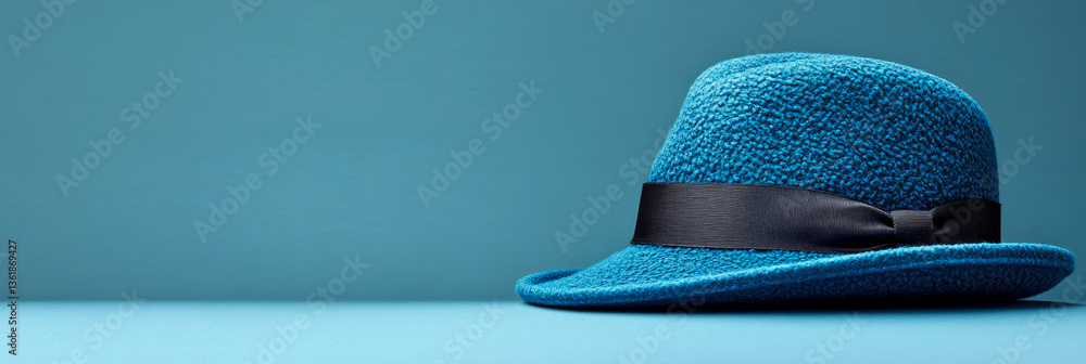 Elegant blue felt hat with black ribbon on a monochromatic light blue ...