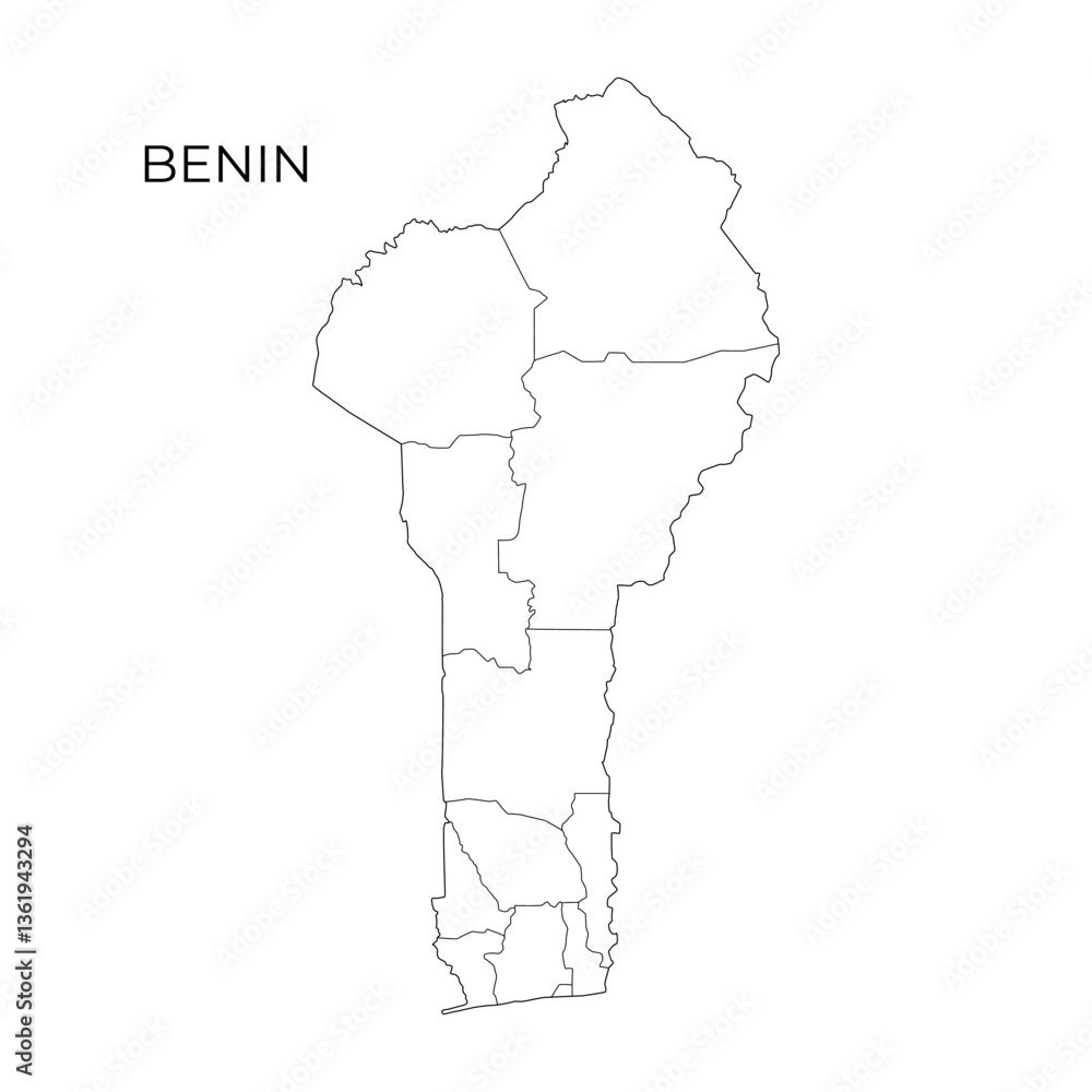 Black and white vector outline map of Benin, showing its departmental ...