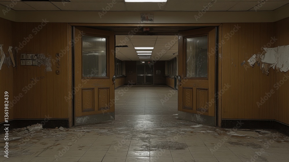 Scratched and dented bank doors left open, exposing an empty reception ...