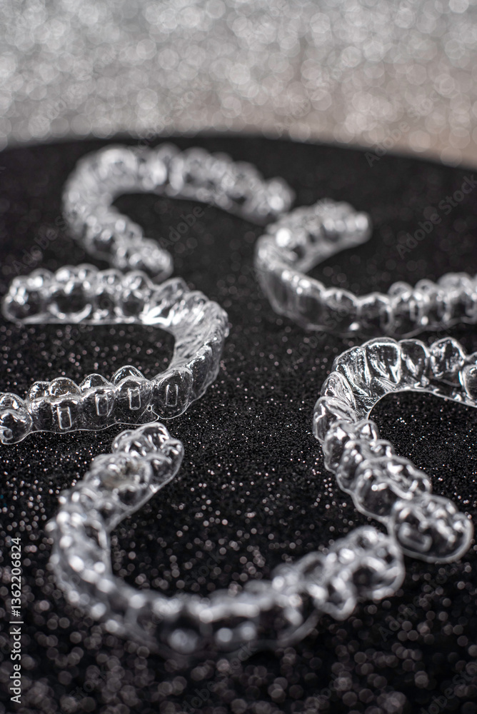 Invisible dental teeth brackets tooth aligners on black background ...