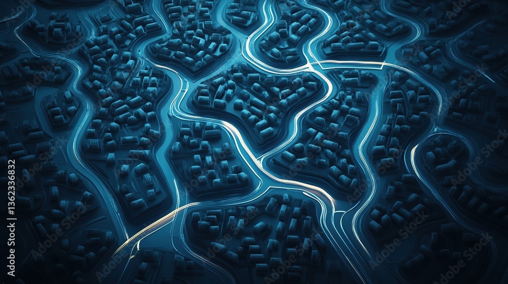 Stylized street map design featuring white lines on an abstract blue ...