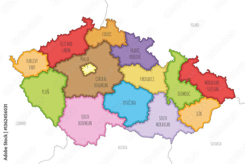 Vector illustrated map of Czechia or Czech Republic with regions and ...