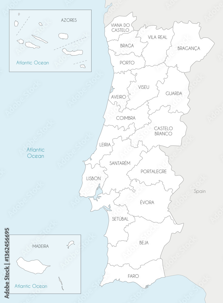 Vector regional map of Portugal with districts, autonomous regions and ...