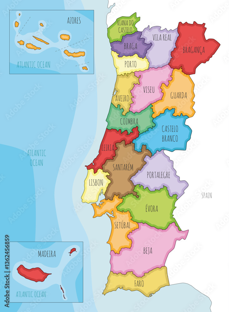 Vector illustrated regional map of Portugal with districts, autonomous ...