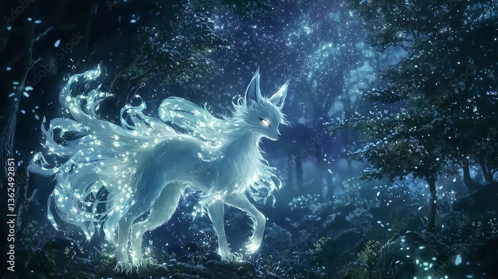 Realistic anime-style forest scene of a kitsune spirit with nine ...