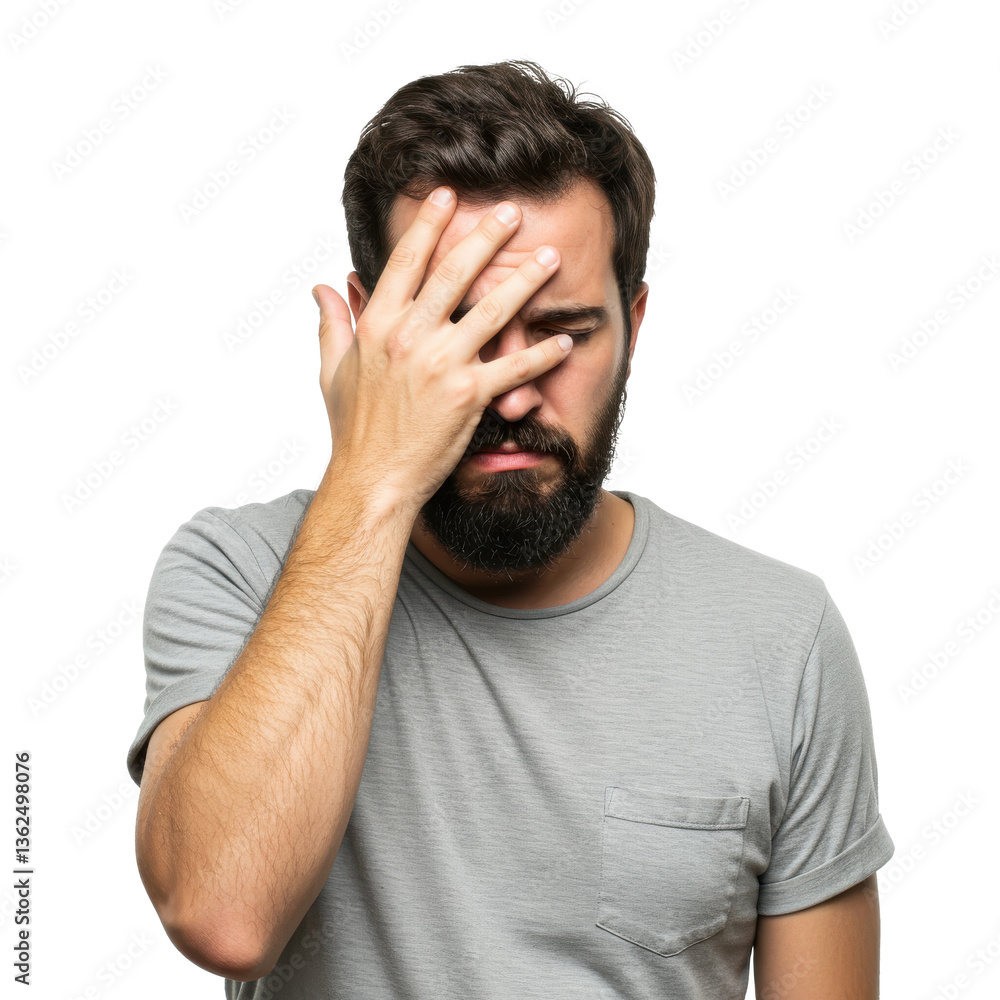 Stressed out man doing facepalm gesture with hand isolated on White ...