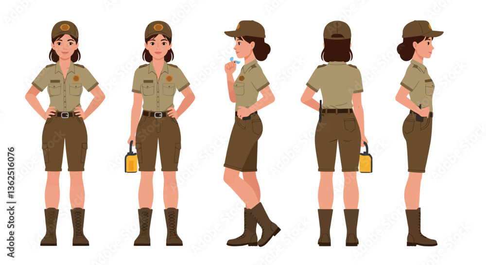 Female park ranger character design in flat style showcasing multiple ...