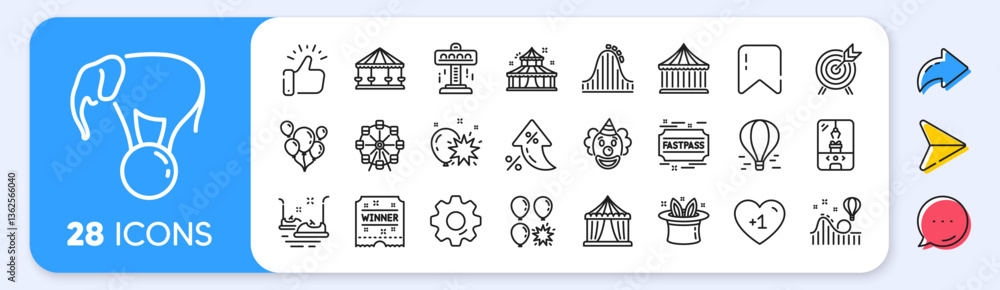 Amusement park line icons. Interest rate, AI generate, Inflation icons. Set of Carousel, Roller ...
