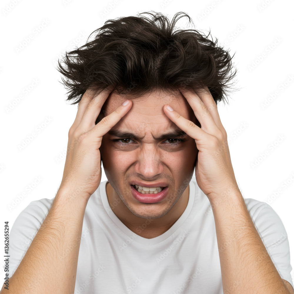 Headache concept. Young man squeezing head with hands. People, stress ...