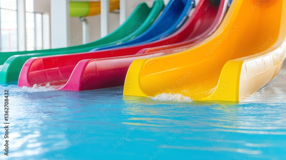 Brightly colored water slides emerge from a beautiful pool, inviting ...