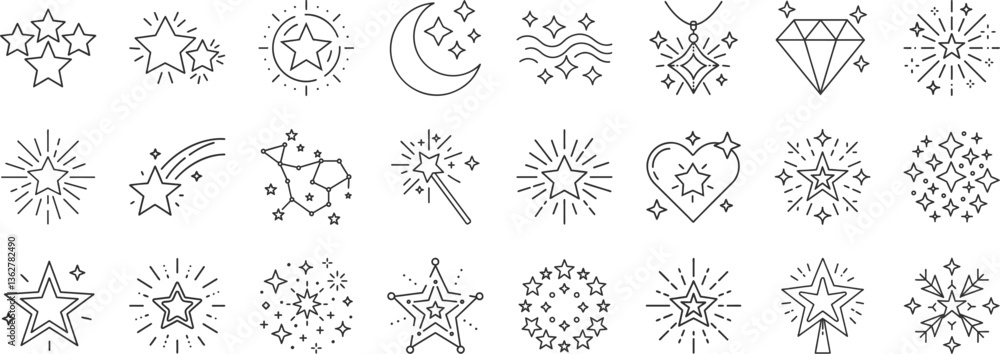 Star, sparkle line icon set. Vector pictograms of shooting star ...