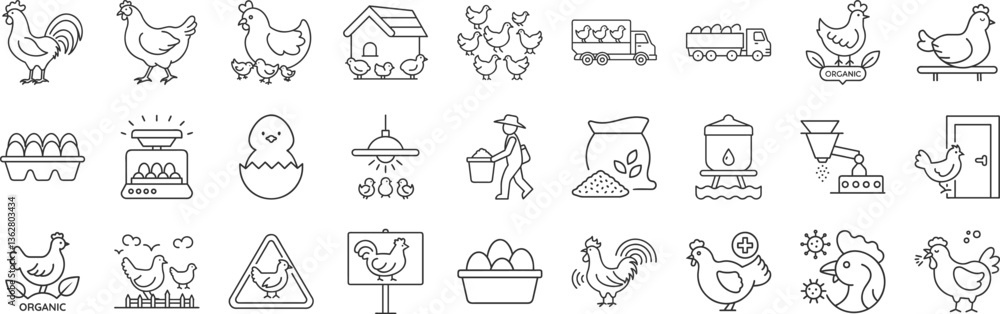 Poultry Farming line icon set. Vector pictograms of chicken, eggs ...