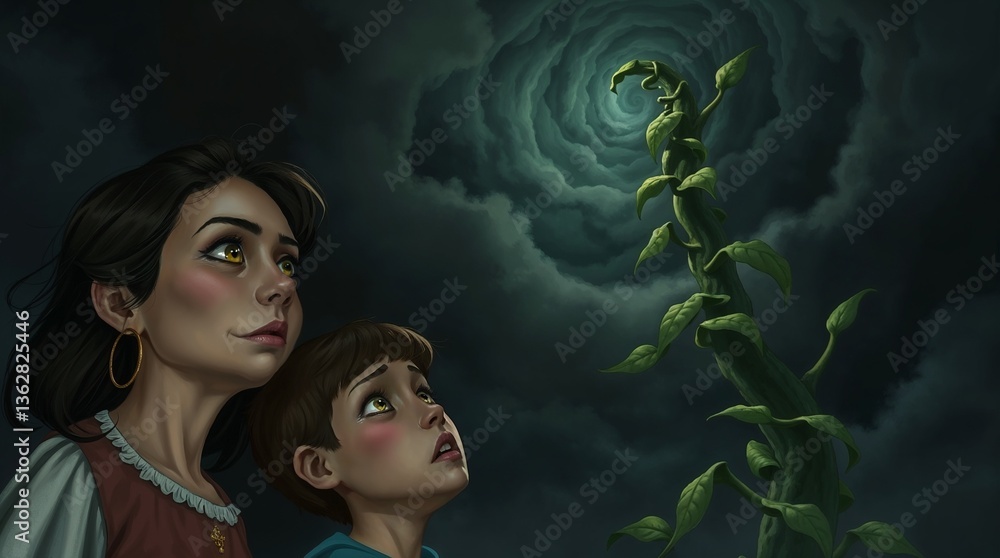 Jack and his mother look in surprise at the rapidly growing bean trunk ...