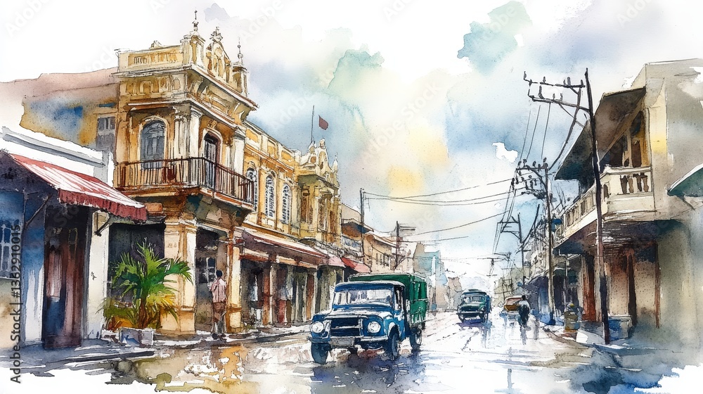 Manila Street Scene Watercolor - A watercolor painting depicting a ...