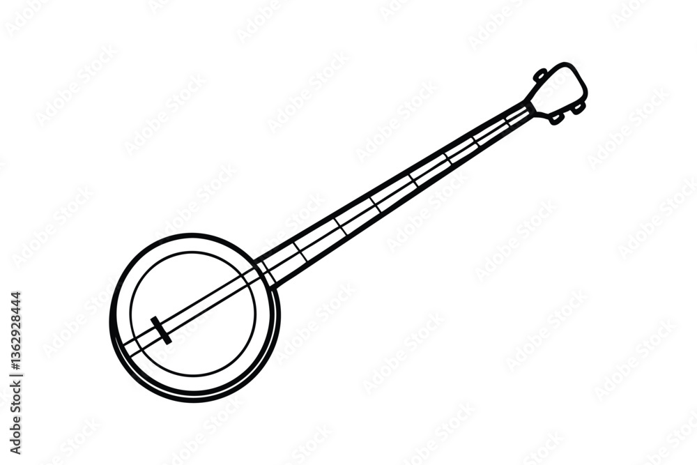 A line art drawing of a banjo with a round body and long neck vector ...