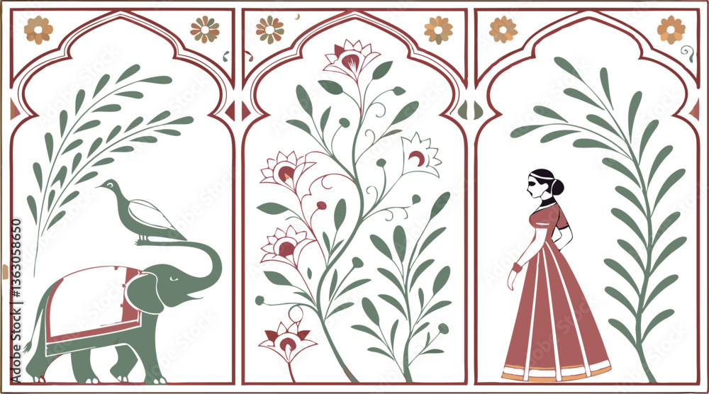 Mughal Pichwai Garden. Indian Wedding Invitation. Vector illustration ...