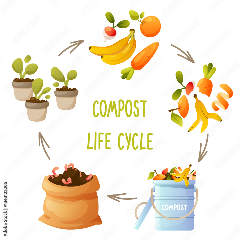 Compost life cycle diagram, round infographic of composting processes ...
