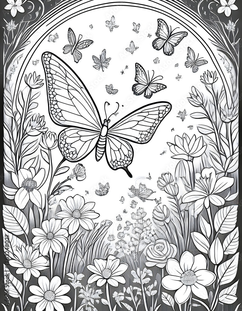 Butterfly Garden Coloring Page Printable Flowers, Butterflies, Floral ...
