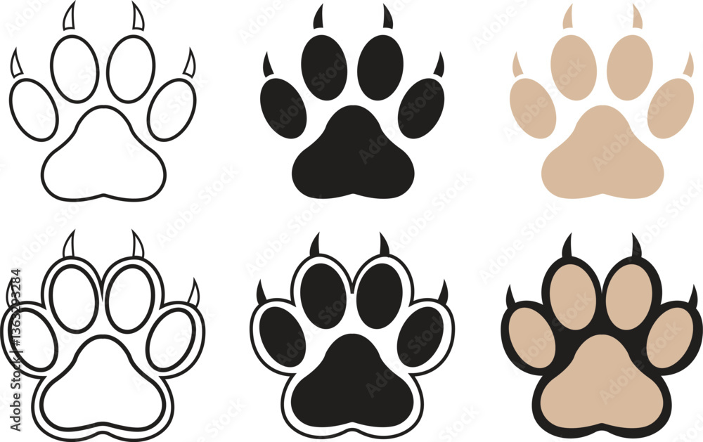 Paw footprint icon set. Paw print icons in different style isolated on ...