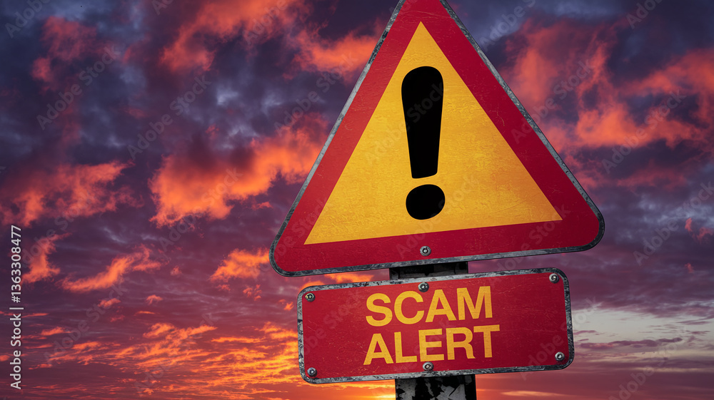 Red triangular warning sign with exclamation mark against sunset sky ...