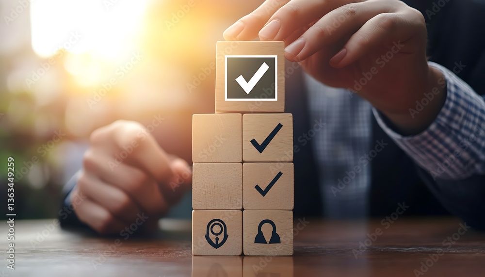 Building corporate governance structure. Businessman stacking wooden ...